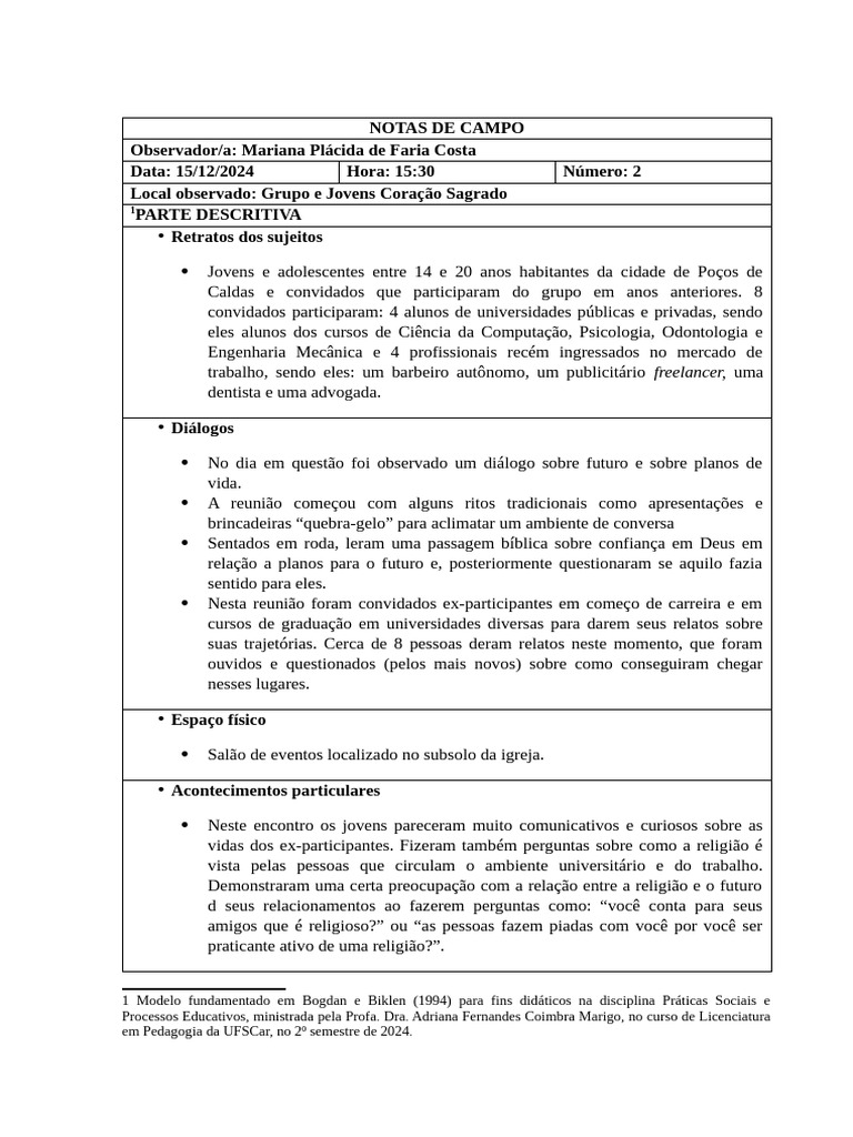 Nota de Campo II | PDF | Pedagogia