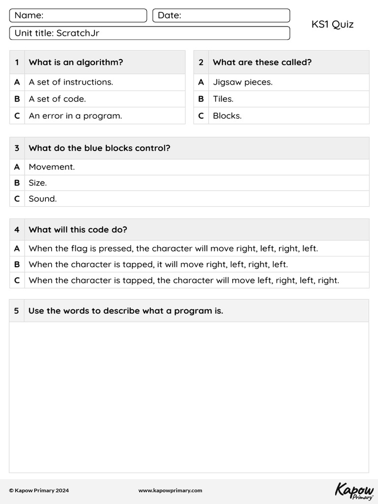 ScratchJr Quiz - Pupil Answer Sheet Q | PDF