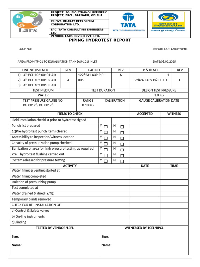 02-Hydrotest Test Report | PDF | Pump | Hydraulics