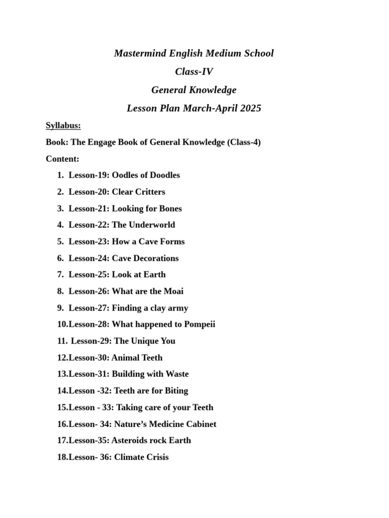 Class 4 General Knowledge Lesson Plan | PDF | Tooth | Image