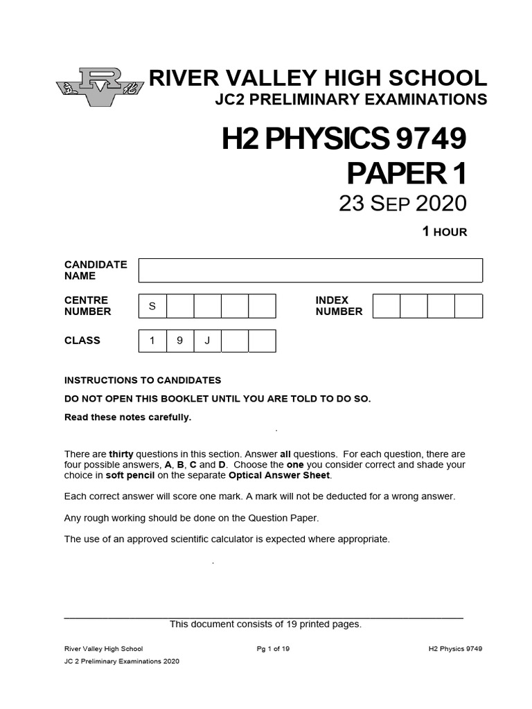 Y20 jc2 Physics H2 Prelim RVHS | PDF | Gases | Inductor