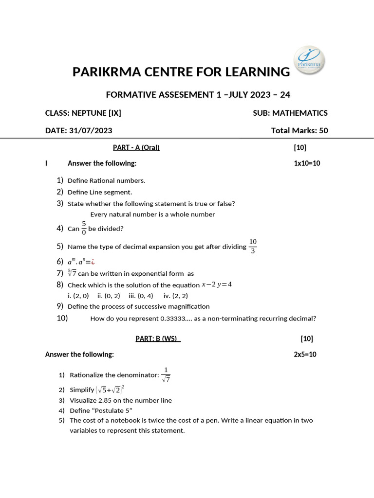 Fa1 Neptune Math 2023-24 | PDF | Numbers | Equations