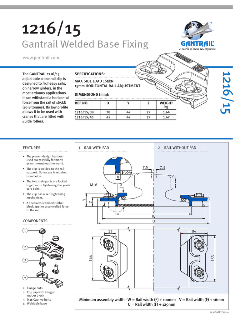 Gantrail 1216/15 Crane Rail Clip Specs | PDF | Welding | Construction