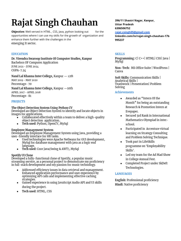 Rajat new resume (1) | PDF | Java (Programming Language) | My Sql