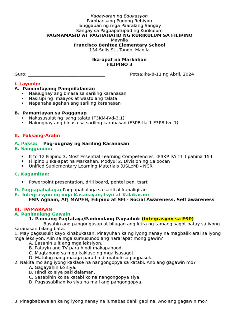 Filipino 3 Q4 Pag-Ugnay Sa Binasa Sa Sariling Karanasan | PDF