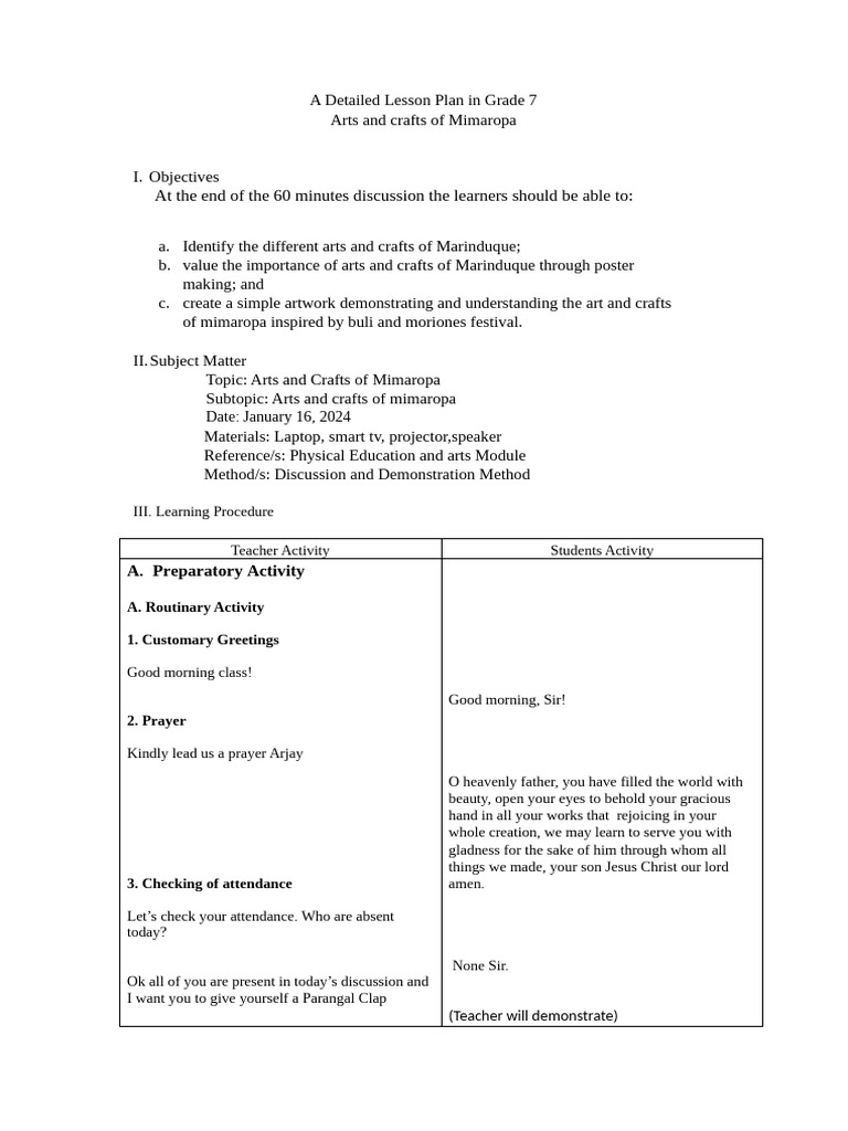 Grade 7 Mimaropa Arts Lesson Plan | PDF