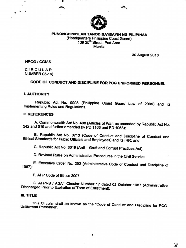 Circular NR 05 16 Code of Conduct and Discipline For PCG Uniformed ...