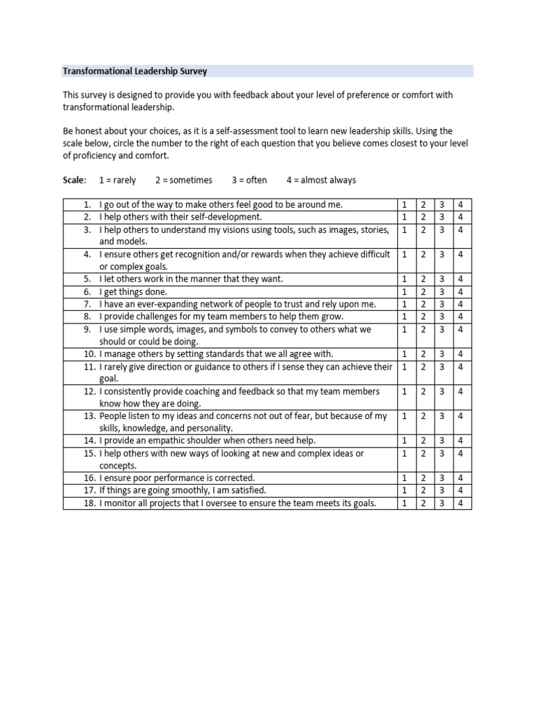 Transformational Leadership Survey | PDF | Leadership ...