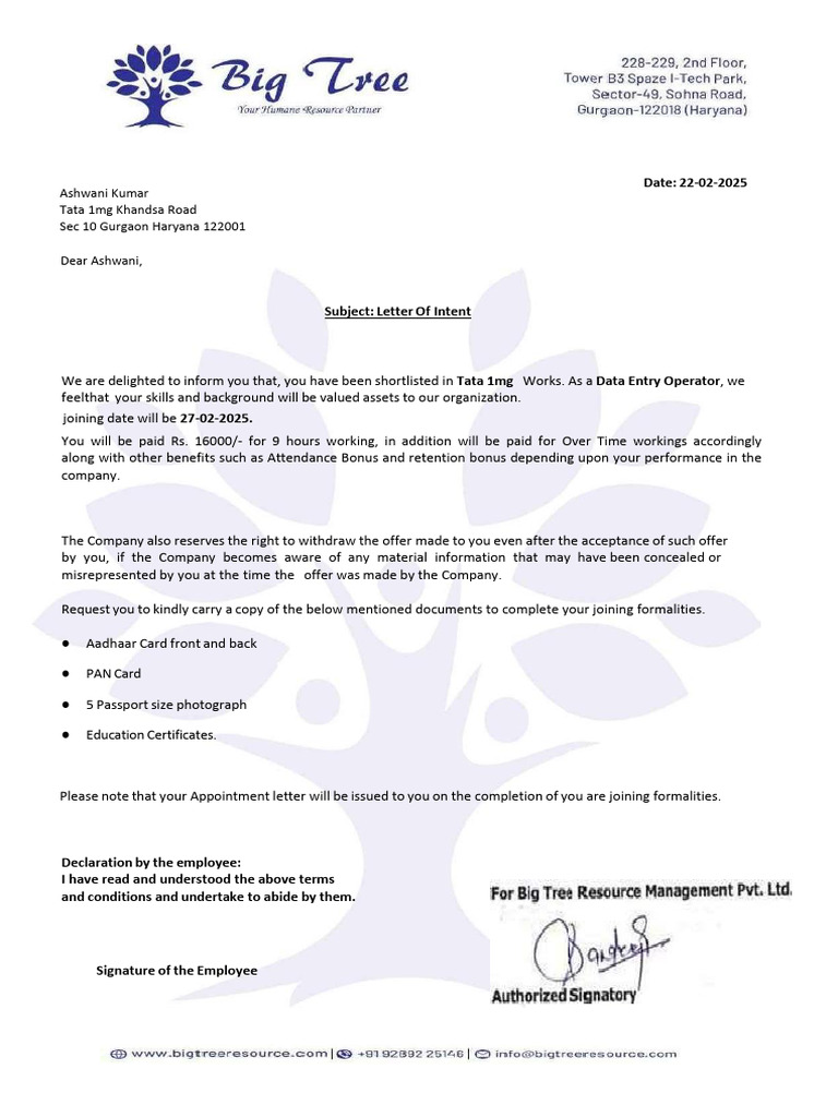 LOI-Big Tree - Ashwani Kumar | PDF