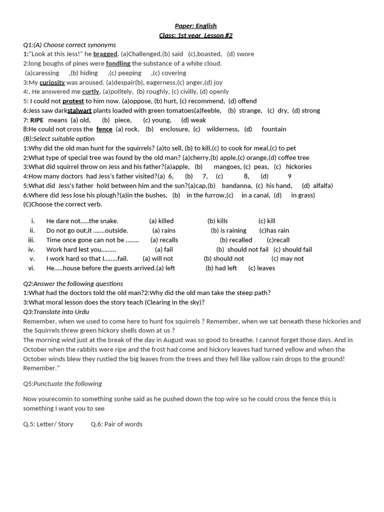 1st Year English Lesson 2 | PDF