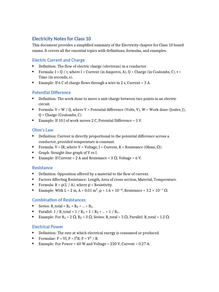 Electricity Notes Class 10 | PDF