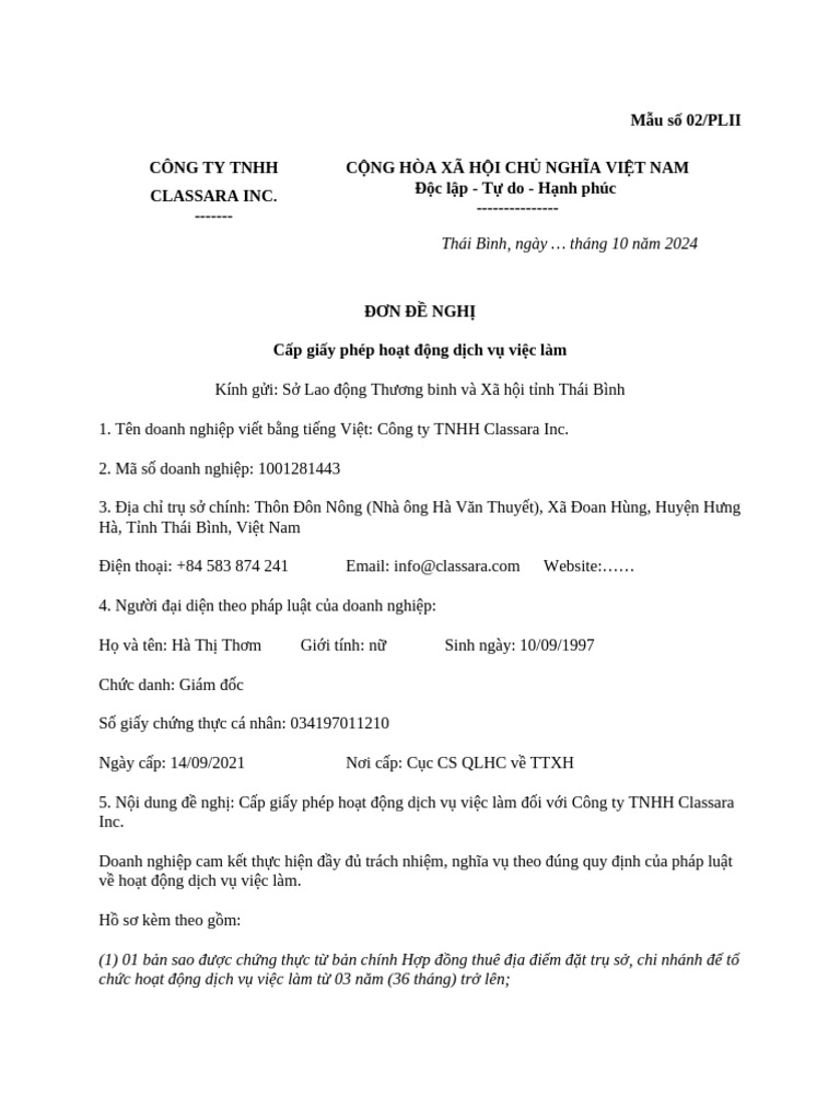 Mau So 02 Plii Don de Nghi Cap Giay Phep Dich Vu Viec Lam | PDF