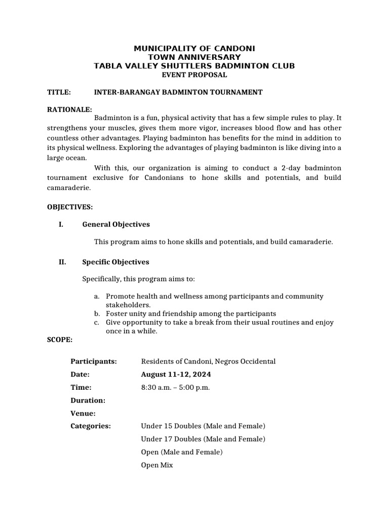Event Proposal - Badminton Tournament | PDF