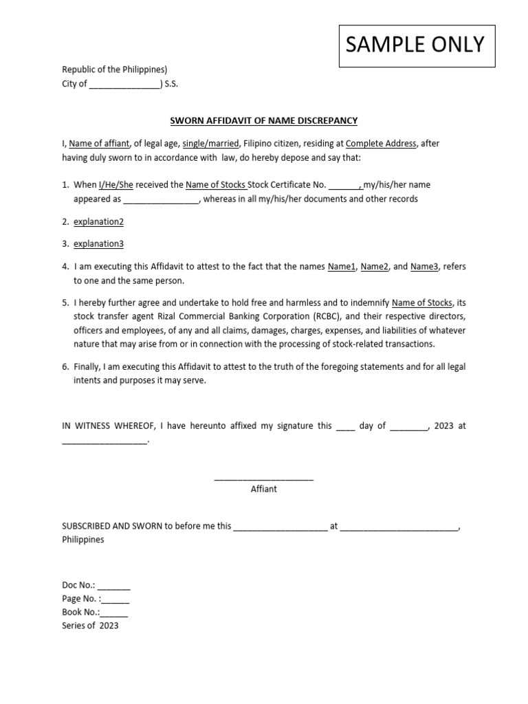 Stock Transfer - Sworn Affidavit Template - June 2023 | PDF