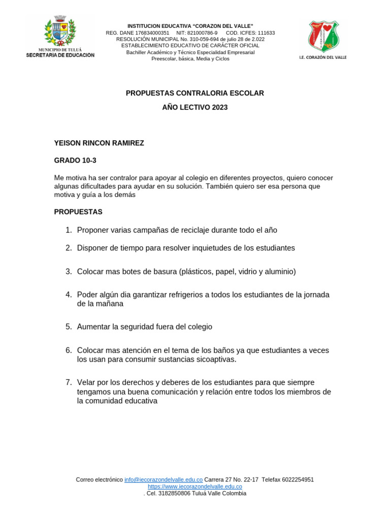 Propuestas de Contraloría Escolar 2023 | PDF