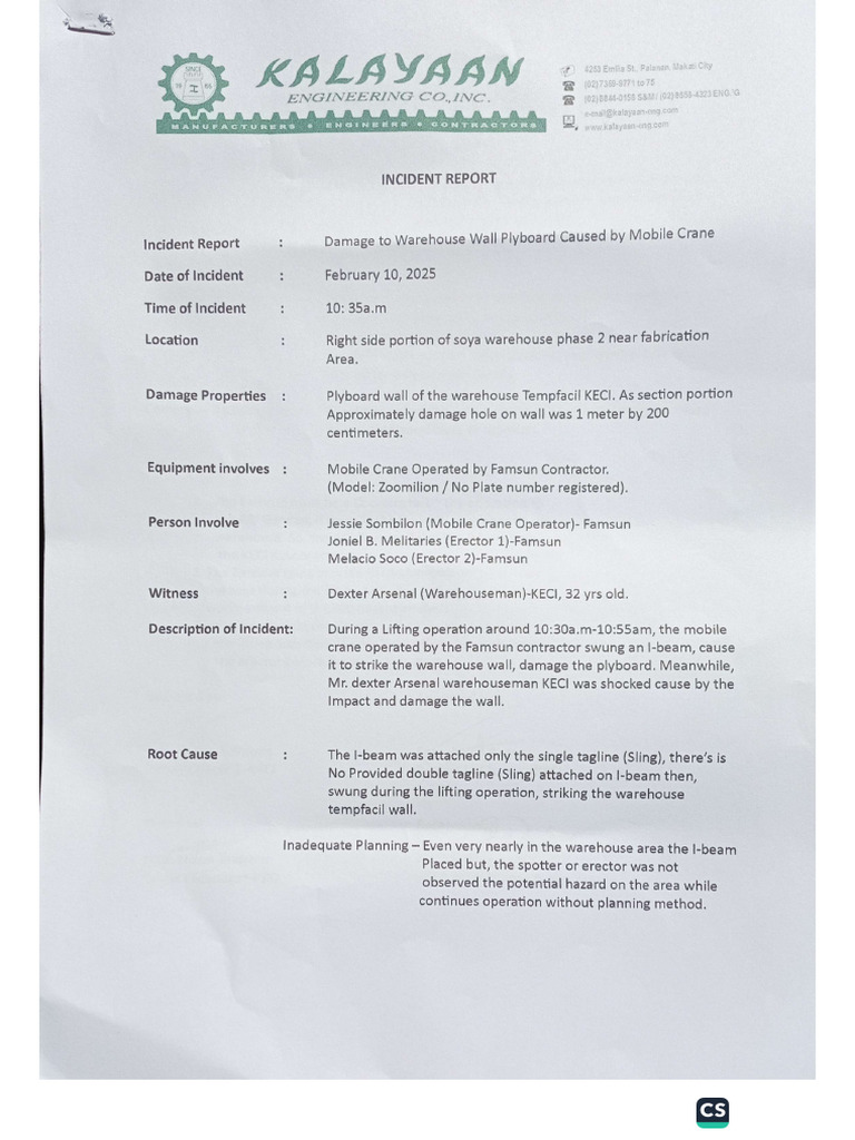 Incident-Report-for-Damage-Damage-Warehouse-cause-by-Mobile-Crane ...
