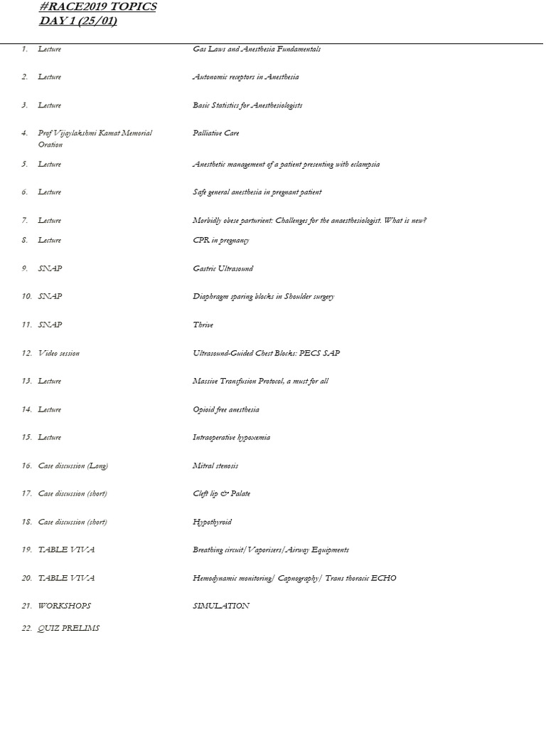 RACE TOPICS 2019 for 3 daysVB | PDF | Anesthesia | Medical Specialties