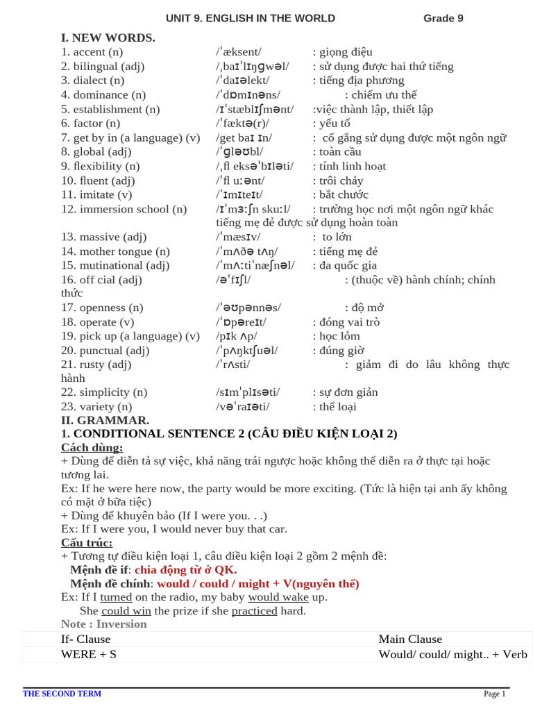 T V NG Và NG Pháp Anh 9 UNIT 9 | PDF