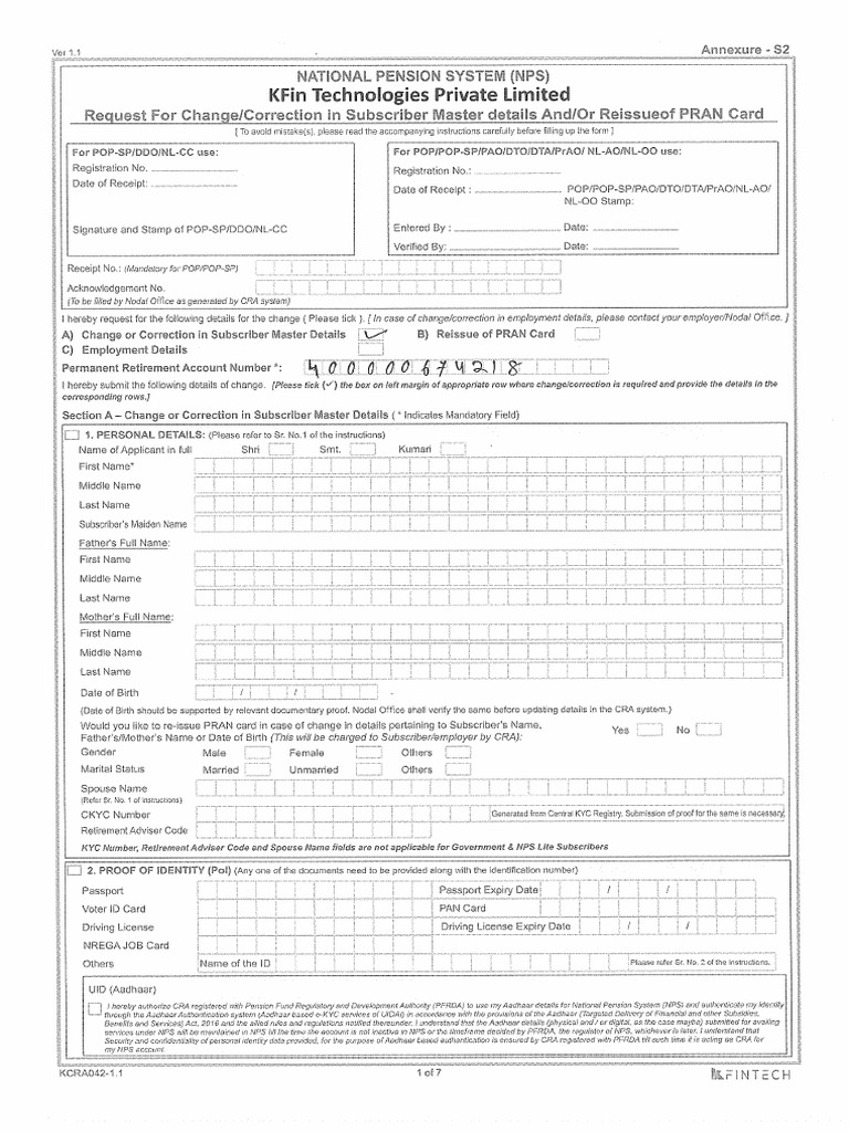 NPS Subscriber Details Change Request | PDF | Identity Document | Taxes