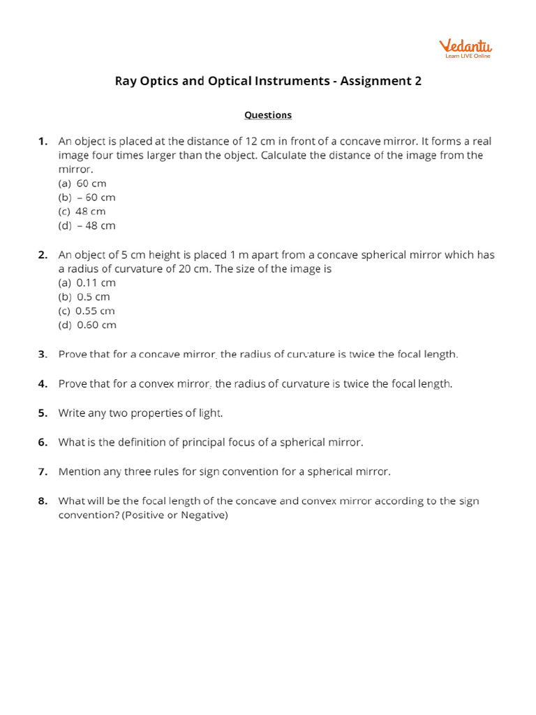 Ray Optics and Optical Instruments - Assignment 2 | PDF