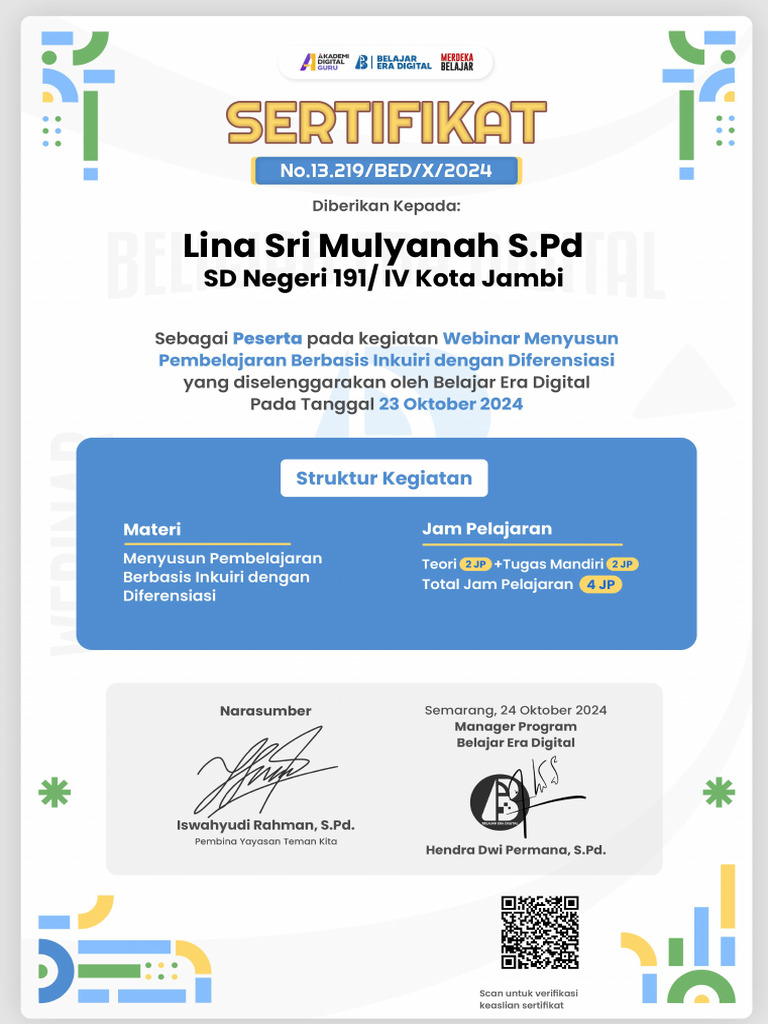 Sertifikat - Lina Sri Mulyanah S.PD | PDF