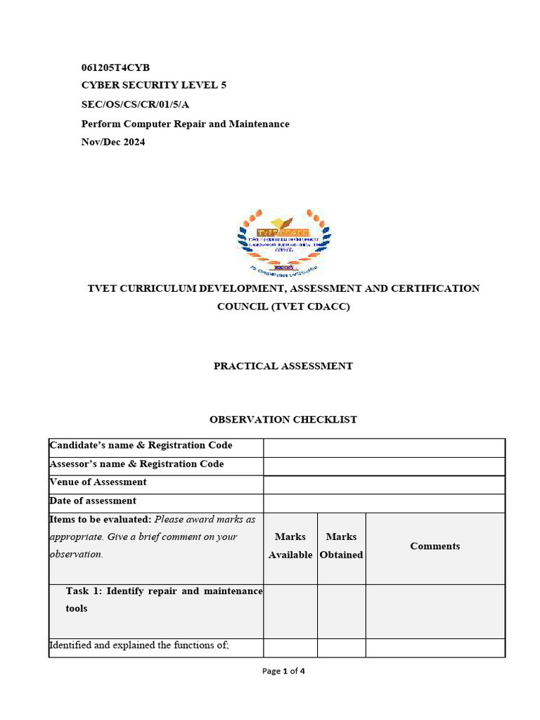 Observation Checklist Perform Computer Repair and Maintenance Level 5 ...