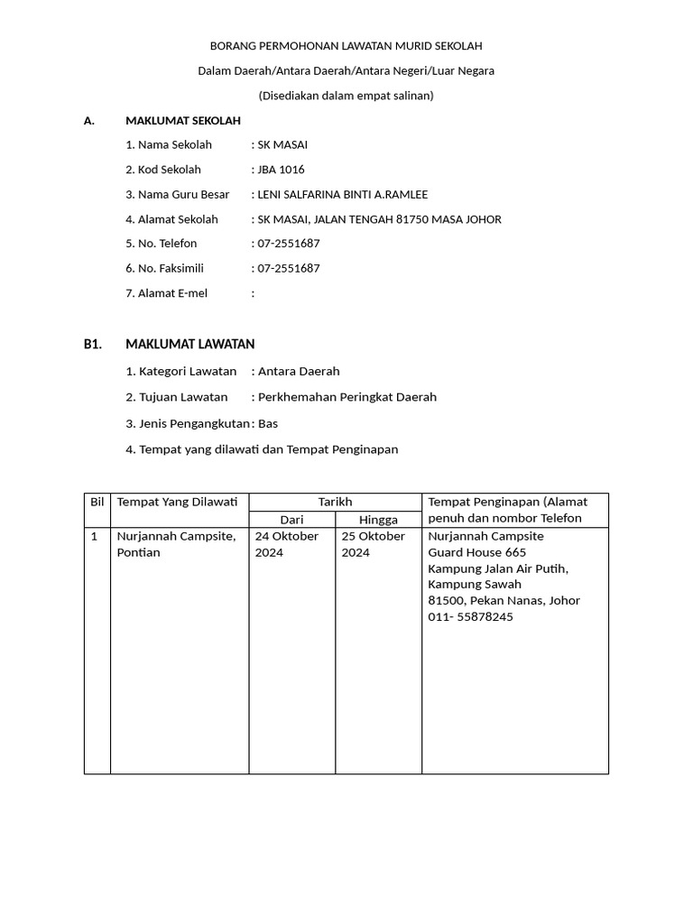 Borang Lawatan Murid Sekolah 2024 | PDF