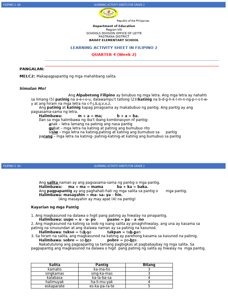 Las Filipino Quarer 4 Week 2 | PDF