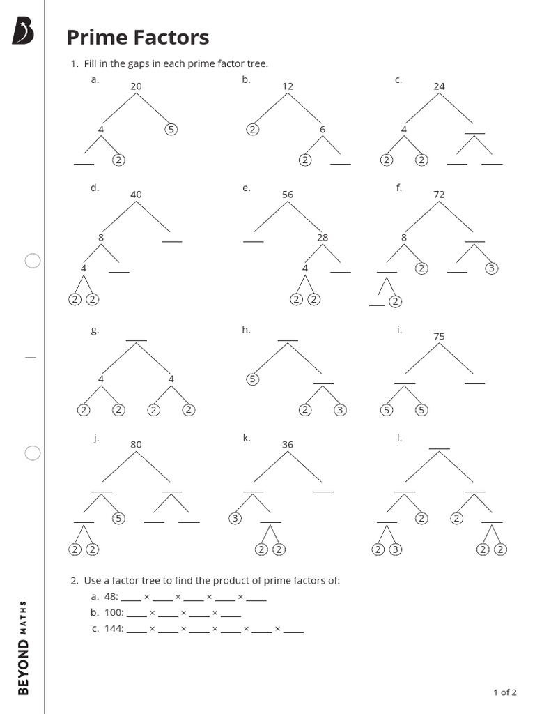 T M 33775 Prime Factors Homework Worksheet - Ver - 1 | PDF