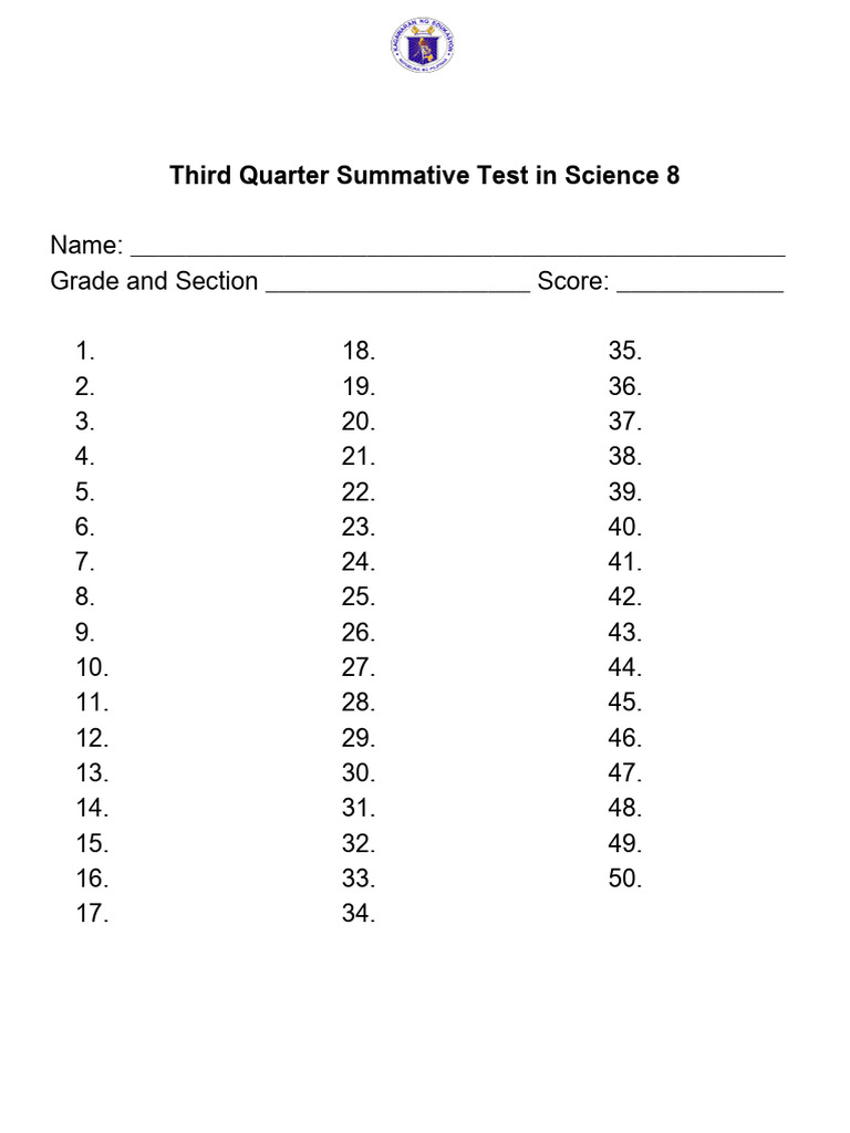 Science 8 Third Quarter Test Guide | PDF | Chemical Elements | Proton