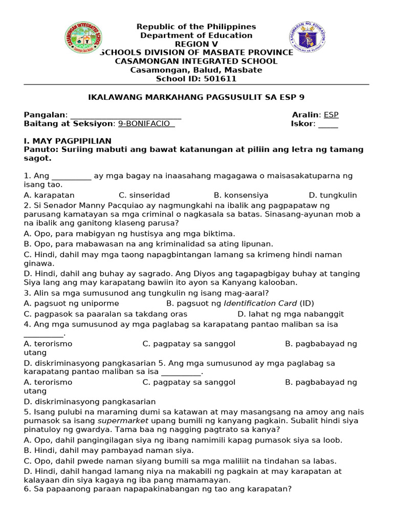 Esp 9 Sum Test | PDF
