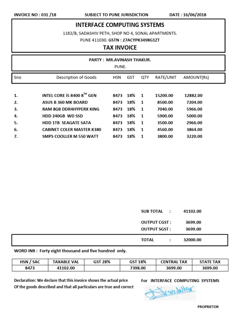 INVOICE No 31 Avinash Thakur | PDF