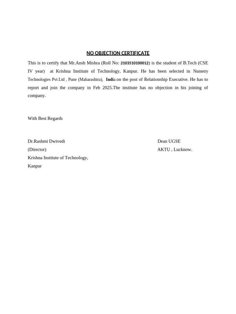 No Objection Certificate by Aktu | PDF