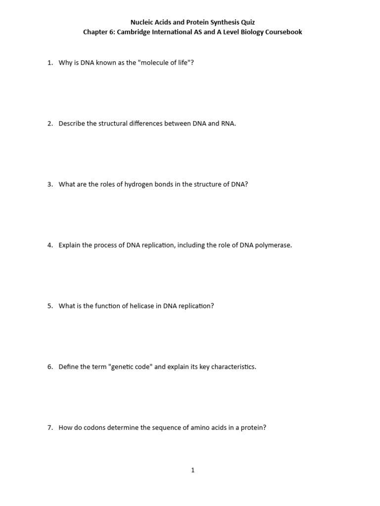 Nucleic Acids & Protein Synthesis Quiz | PDF