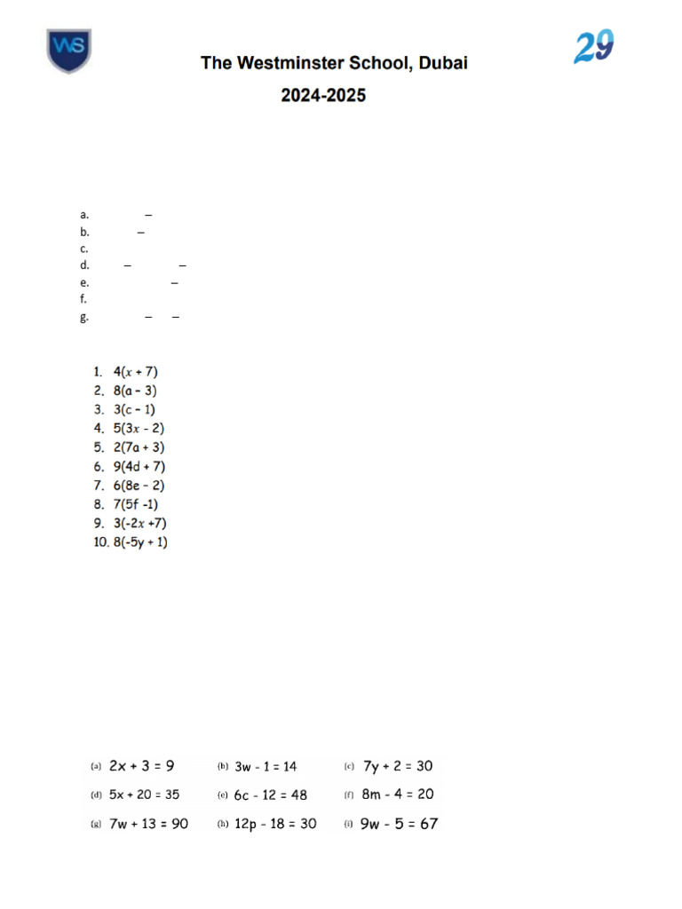 Year 7 - Algebra WS | PDF