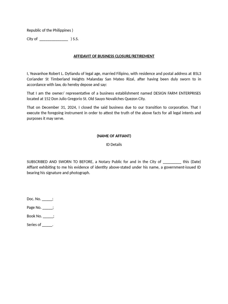 AFFIDAVIT OF BUSINESS CLOSURE RETIREMENT | PDF