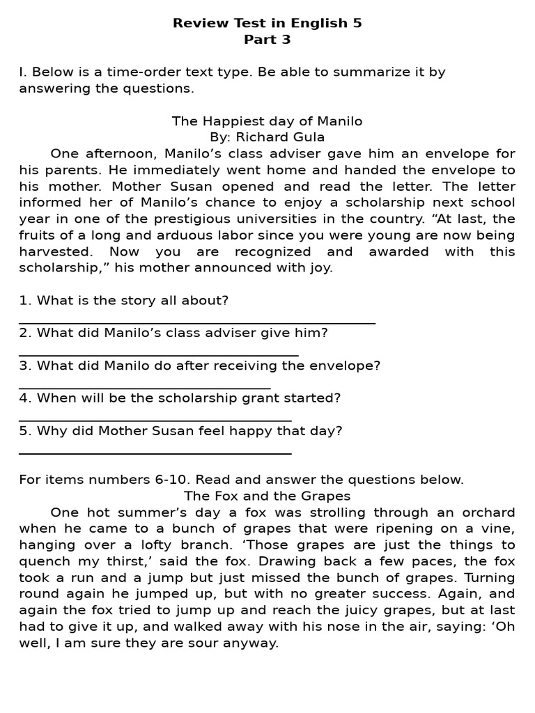 Review Test in English 5 Q3 part 3 | PDF