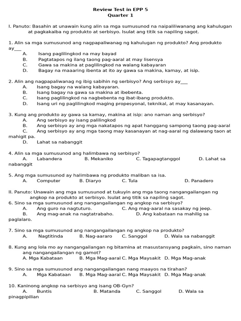 Review Test in EPP 5 | PDF