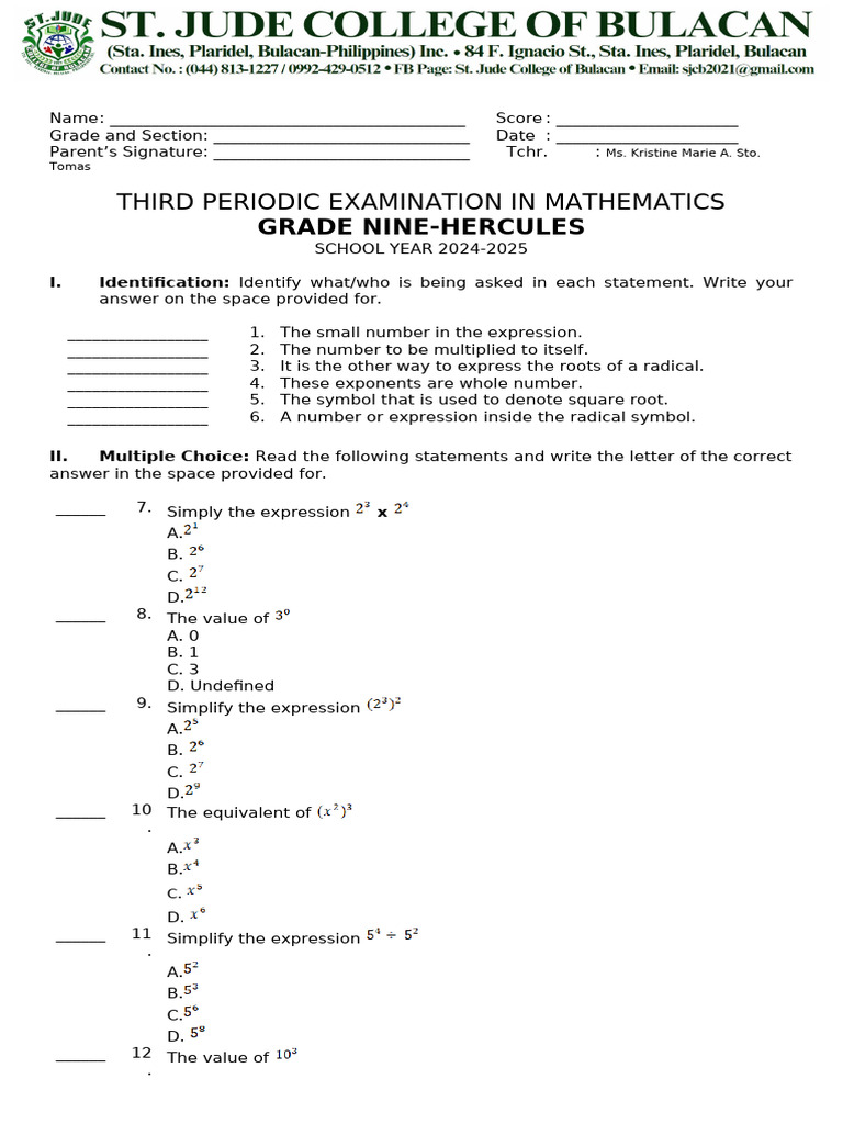 MATH 9 3rdperiodic Hercules | PDF | Numbers | Exponentiation