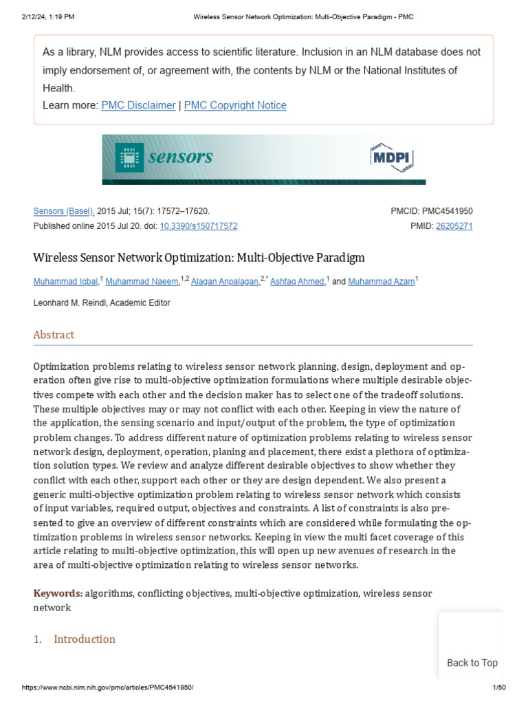 Wireless Sensor Network Optimization - Multi-Objective Paradigm - PMC | PDF | Wireless Sensor ...
