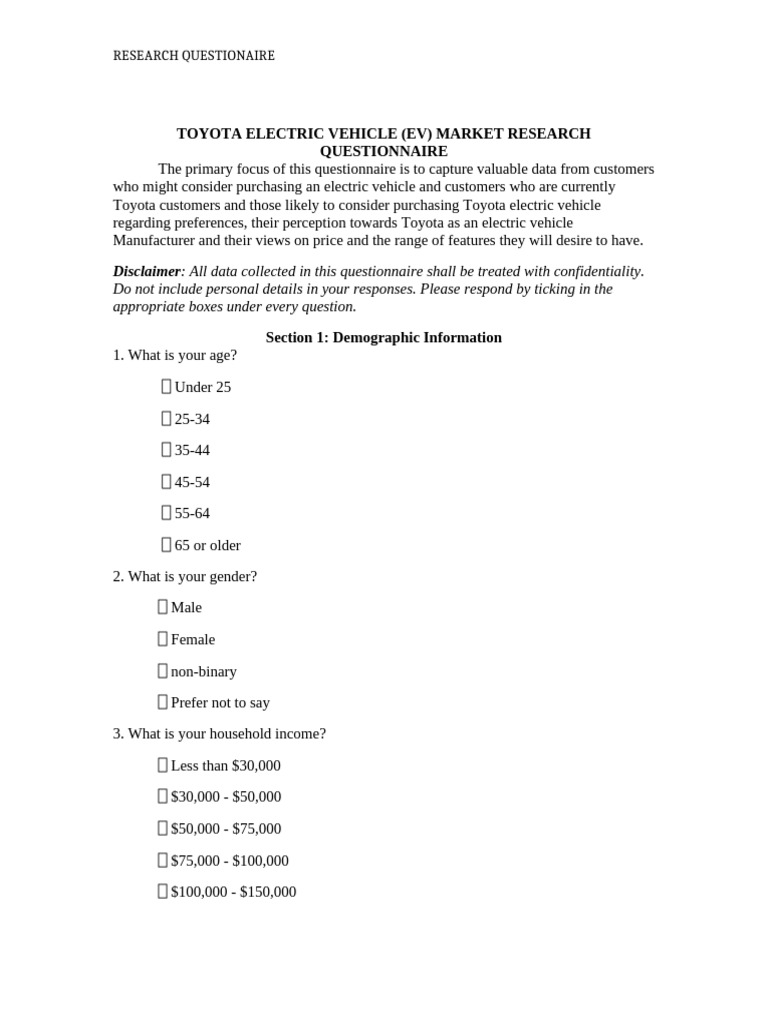 Toyota EV Market - Research Questionnaire | PDF | Electric Vehicle | Toyota