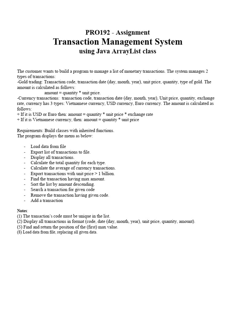 Transaction Management System: Pro192 - Assignment Using Java Arraylist Class | PDF