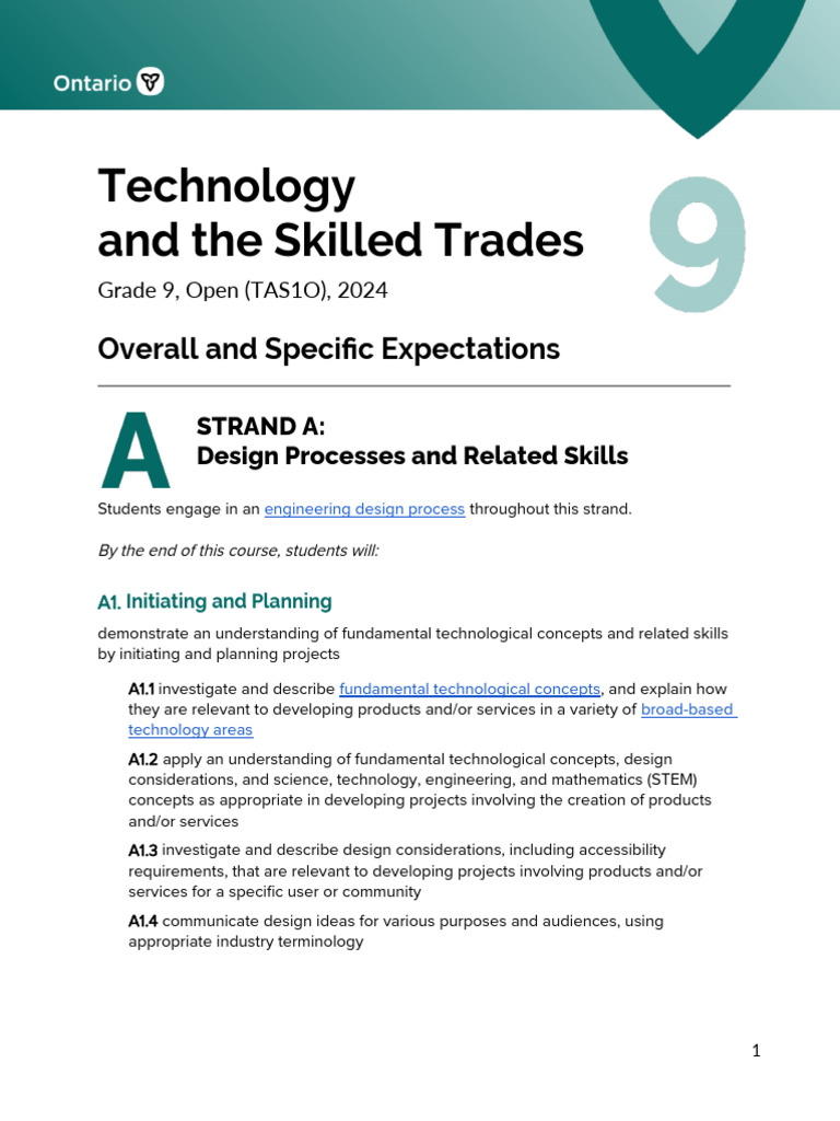 Expectations - Technology and The Skilled Trades Grade 9, Open TAS1O ...