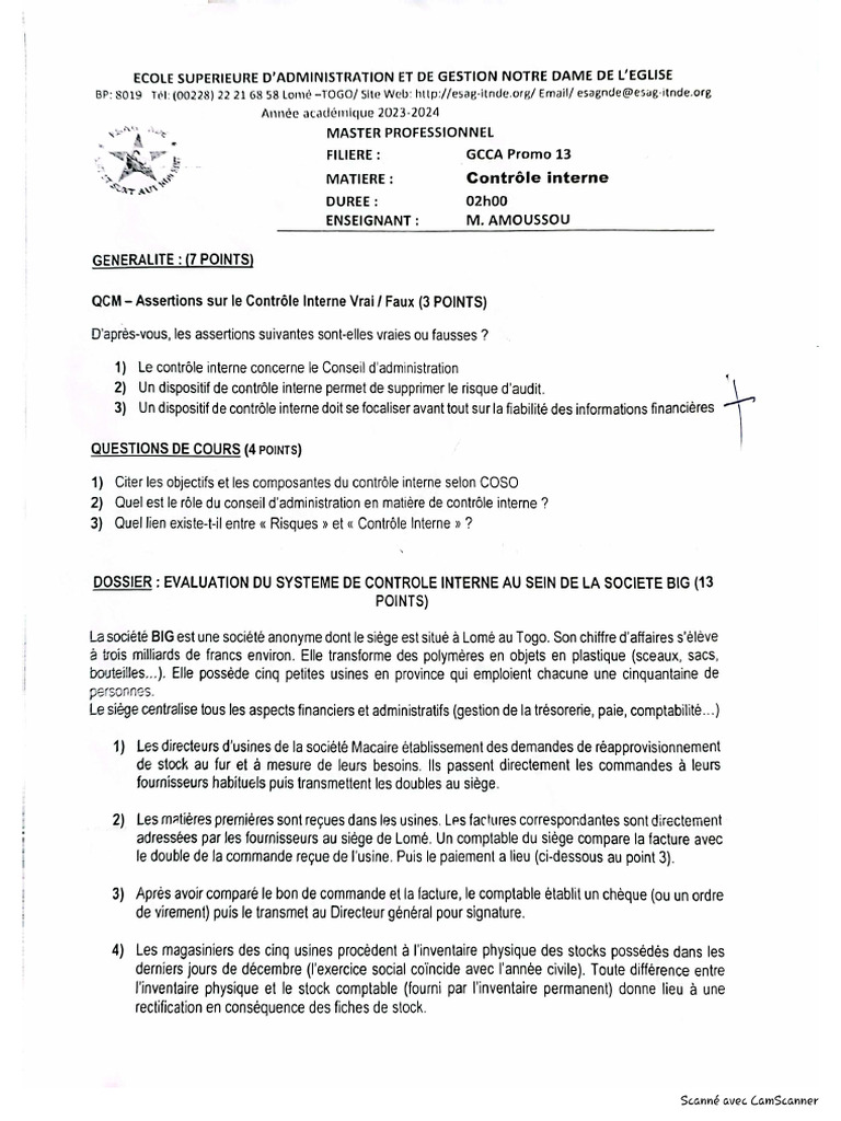 PARTIEL CONTRÔLE INTERNE | PDF