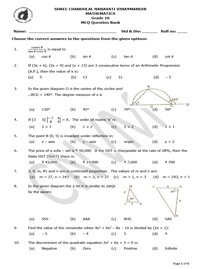 10th - QP - Math MCQ QB (Till Q73) | PDF | Mathematical Objects | Mathematics