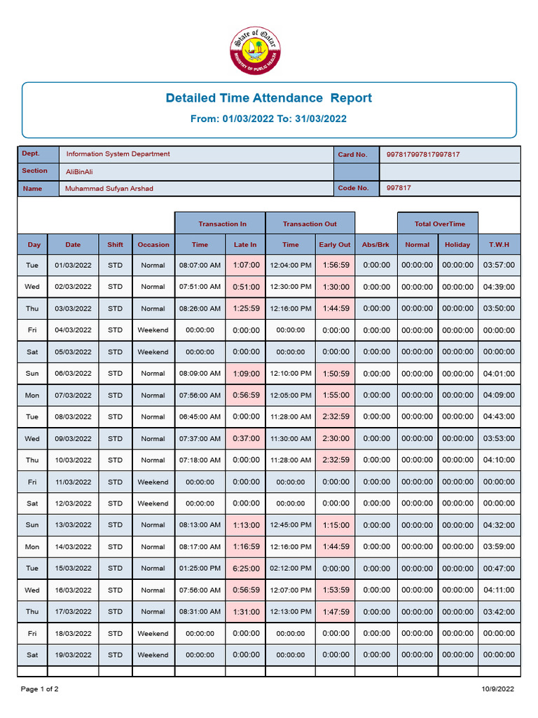 Muhammad Sufyan Arshad - TimeAttendanceReport - March 2022 | PDF