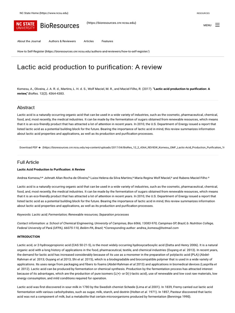 Lactic Acid Production To Purification - A Review - BioResources | PDF ...