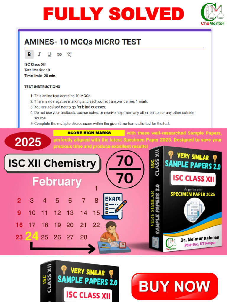 ISC XII Chemistry Sample Papers 2025 | PDF | Amine | Molecules