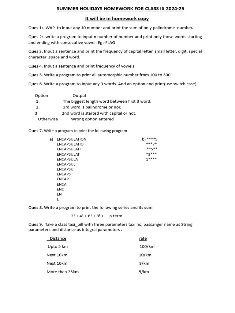 Class IX Summer Homework 2024-25 | PDF | Parameter (Computer Programming)