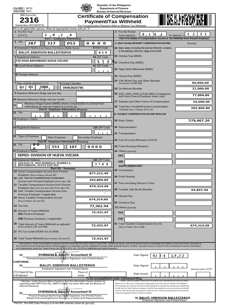 BIR 2316 Printer Template 2024 Alphalist | PDF | Cost Of Living ...